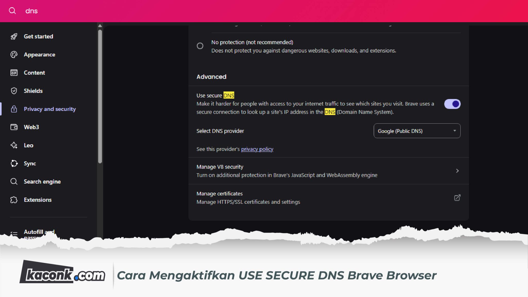 Cara Mengaktifkan USE SECURE DNS Brave Browser - Kaconk